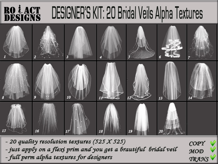 Second Life Marketplace - ..::RO!ACT::..DESIGNS- 20 White Bridal Veils ...